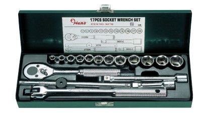 8-22mm 3/8" Drive 17 piece 12 Pt Socket Set Metal Case Green - Hans