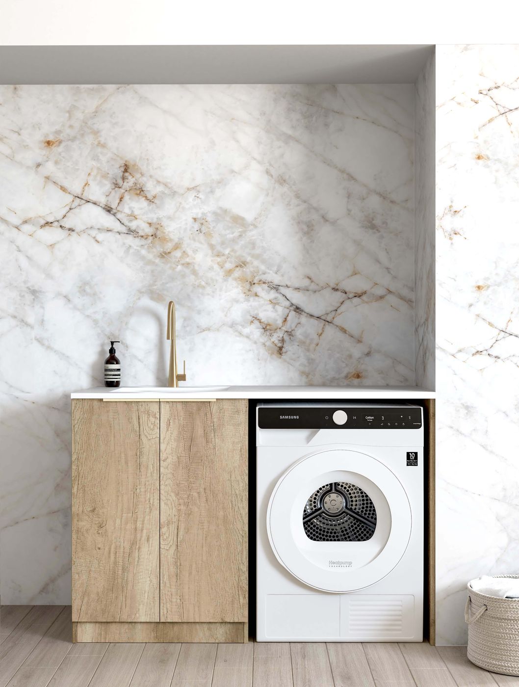 Byron/Bondi Natural Oak Base Laundry Cabinet with Stone Top and Sink ...