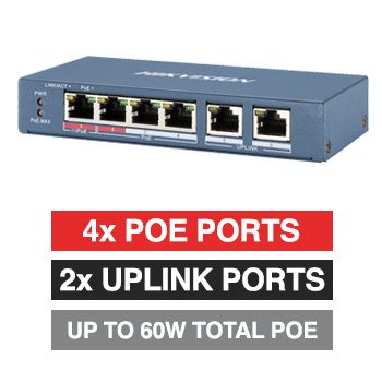 HIKVISION, 6 Port Ethernet network switch, Unmanaged, 4x 10/100Mbps PoE ...